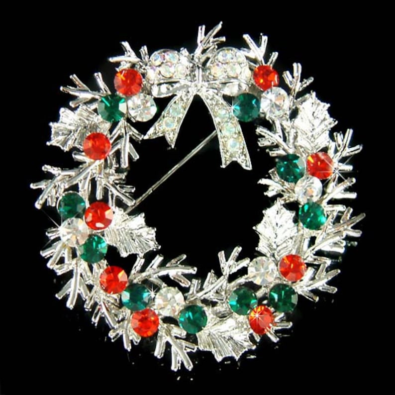 Big Green Red Swarovski Crystal Christmas Wreath Garland Pin Brooch ...