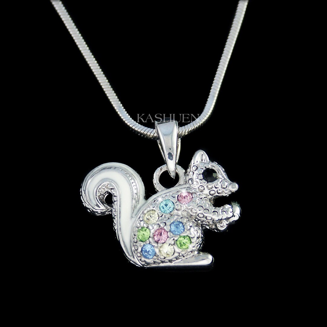 Swarovski Crystal Dainty Rainbow Squirrel Necklace Holding Acorn White ...