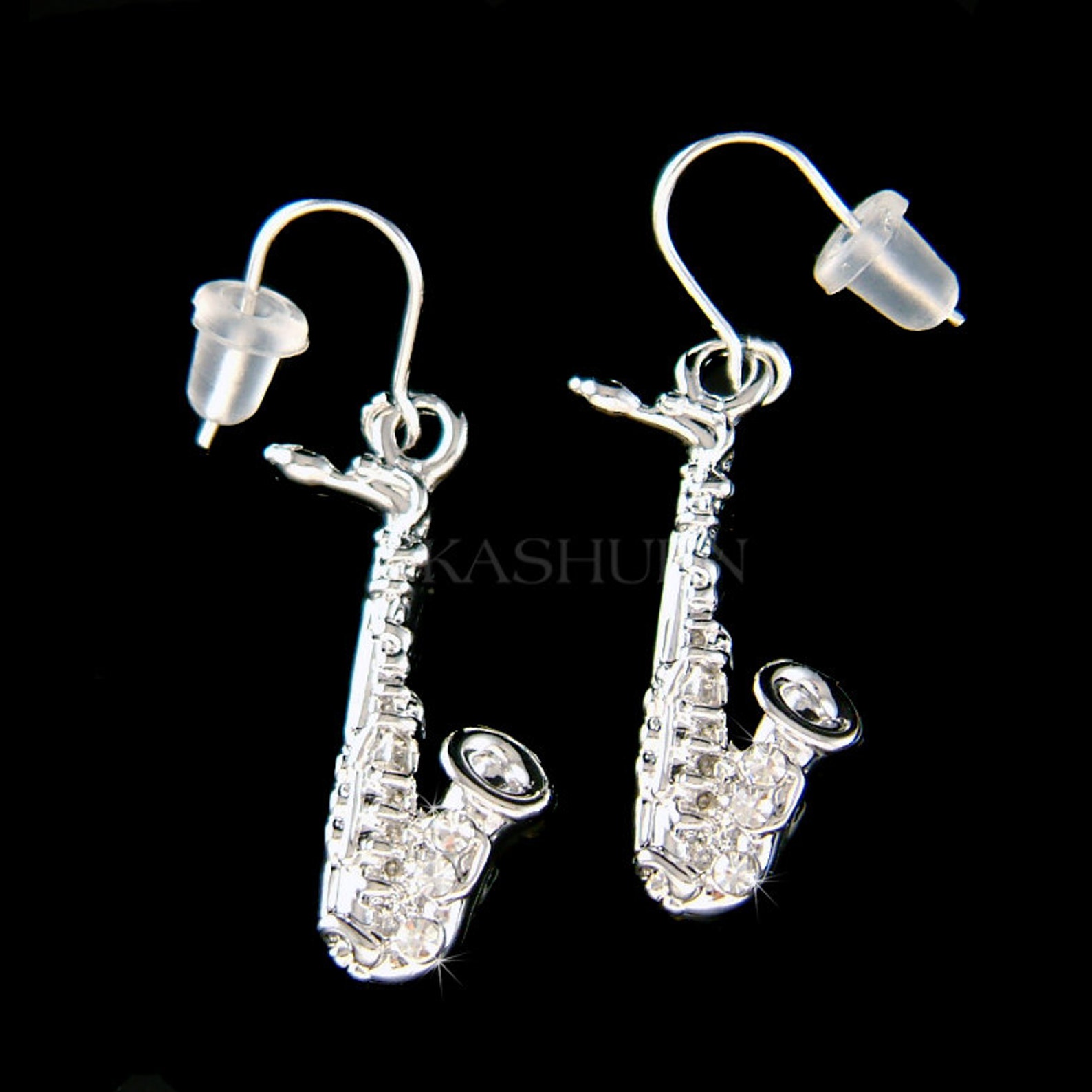 Swarovski Crystal Saxophone Sterling Silver Earrings, Music Tenor Alto ...