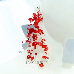 3" Long WATERFALL Red Faux Quartz Chunky Statement Earrings Bridal Prom ...