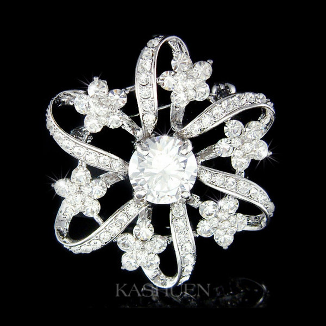 Swarovski Crystal Curved Line Flower Floral Cubic Zirconia Bridal Pin ...