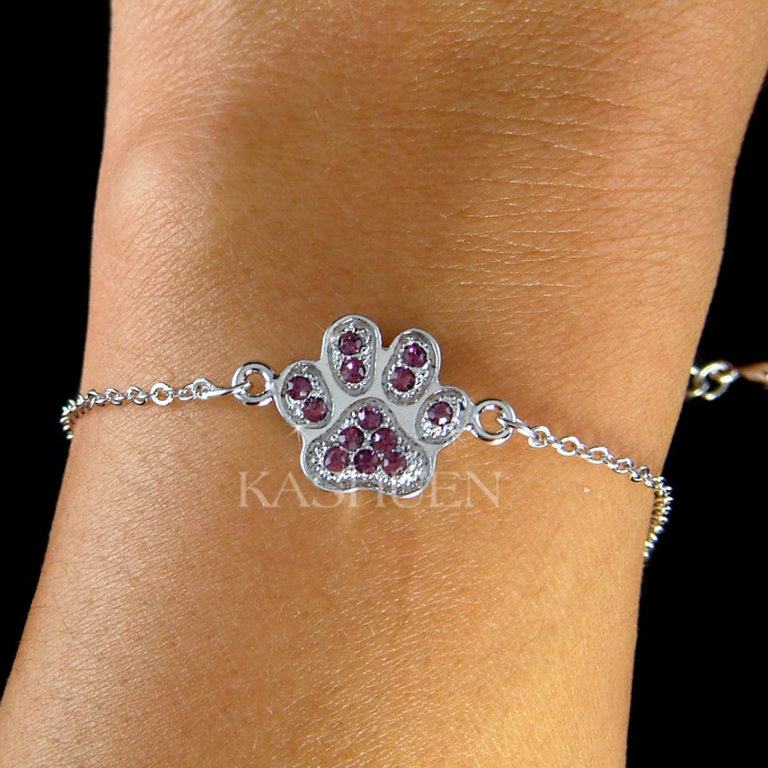 Dainty Swarovski Crystal Purple Paw Print Sterling Silver Bracelet, Dog ...