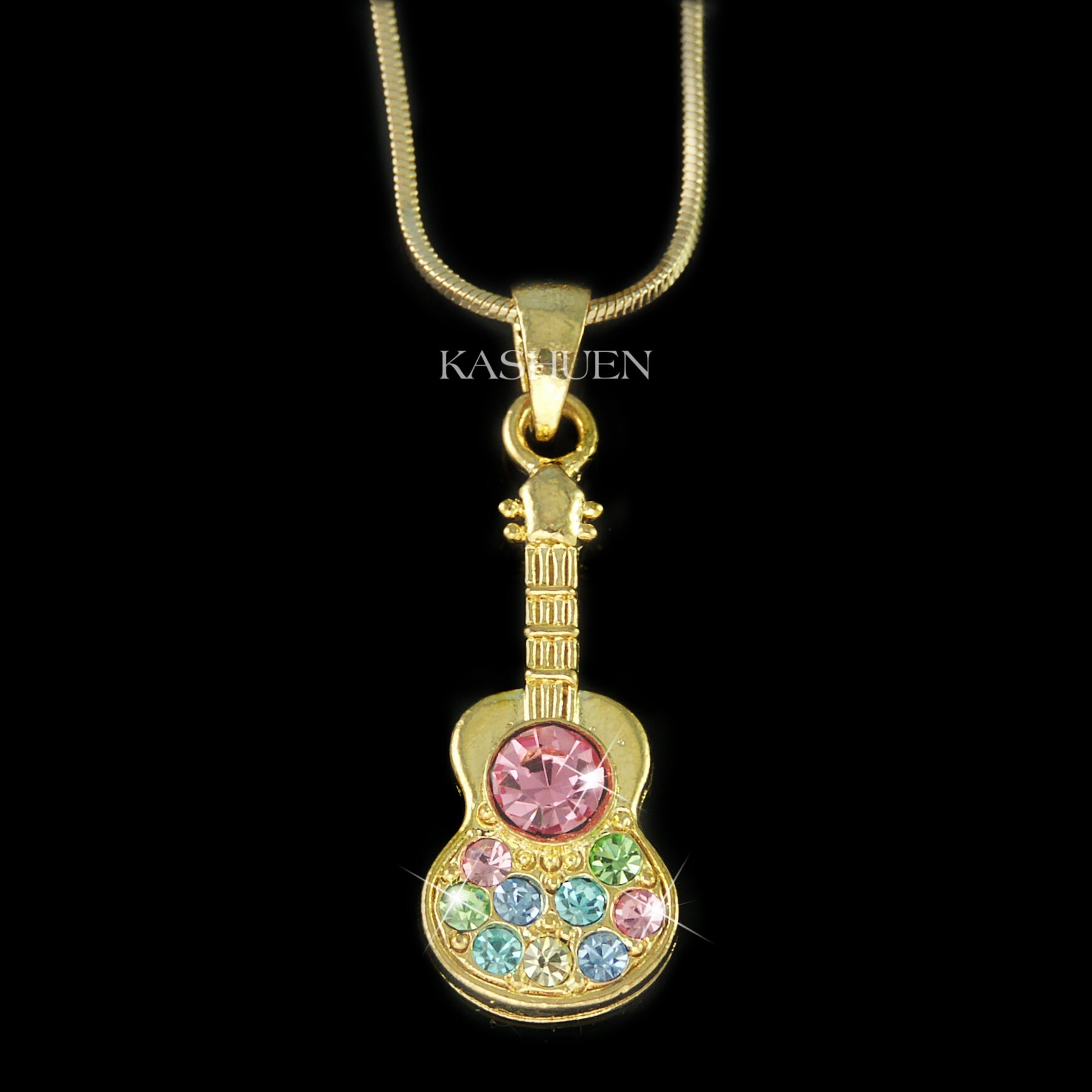 Swarovski Crystal Blue Acoustic Guitar Necklace Music Folk Classical ...