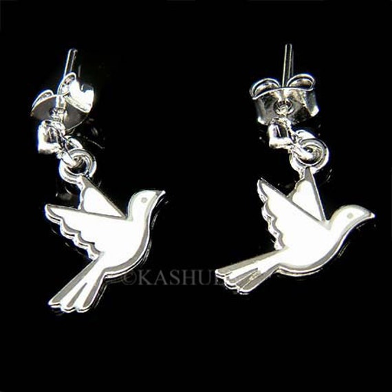 Kashuen Swarovski Crystal White Enamel Dove Pigeon Bird Love Peace Boho Hippy Earth Nature Stick Earrings Jewelry Christmas Best Friend Gift for Her