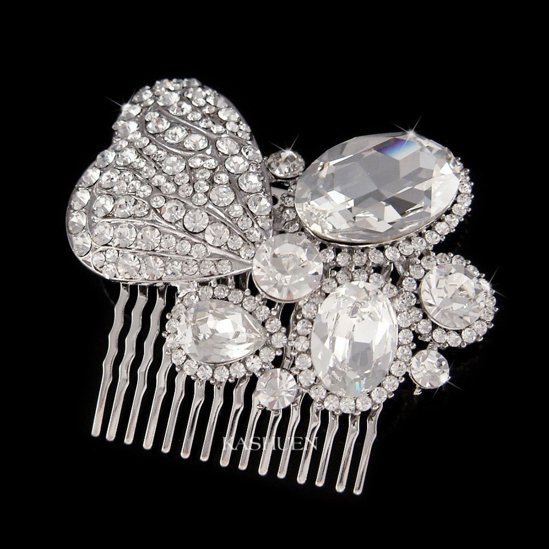 Huge Swarovski Crystal Butterfly Wing Oval Stone Hair Comb, Wedding ...