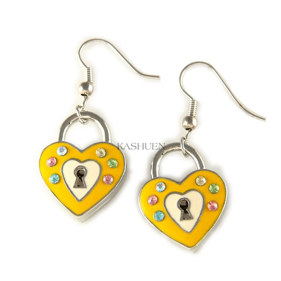 Swarovski Crystal Yellow Padlocks Key to My Heart Love Valentine Locks Charm Dangle Earrings Jewelry Lover Valentine s Day Birthday Gift New