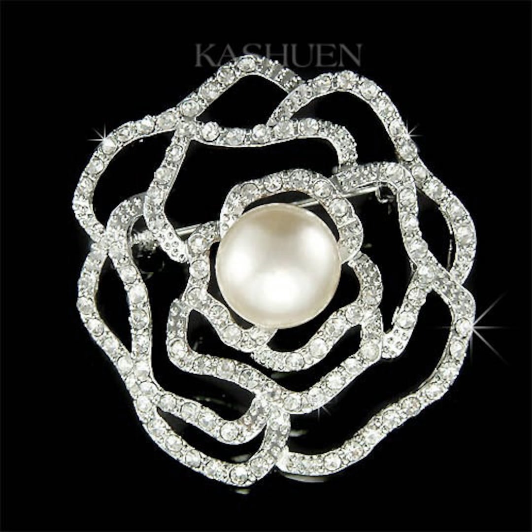 Swarovski Crystal Classy Elegant Cut Out Pearl Rose Flower Floral Pin ...