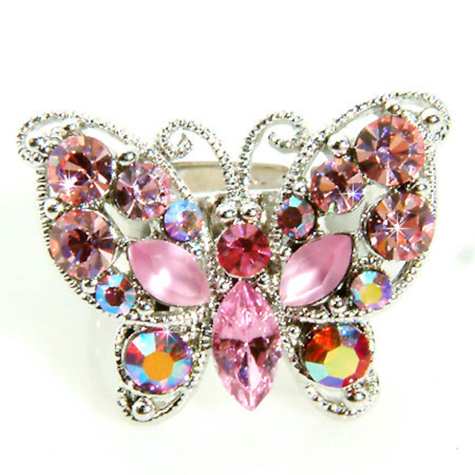 Swarovski Crystal Purple Butterfly Ring, Cocktail Adjustable Statement ...