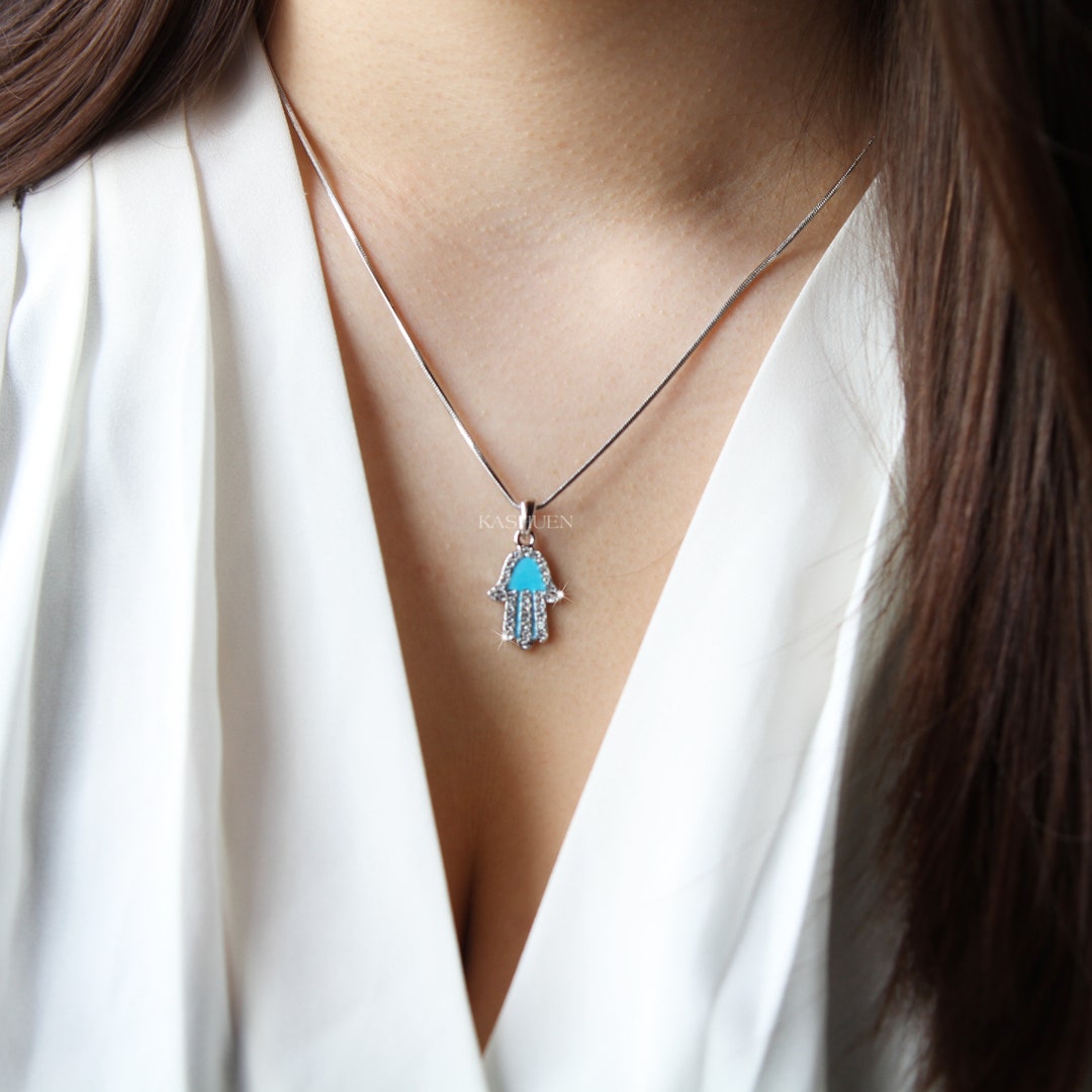 Dainty Swarovski Crystal Jewish Hamsa Hand Turquoise Necklace Hamesh ...