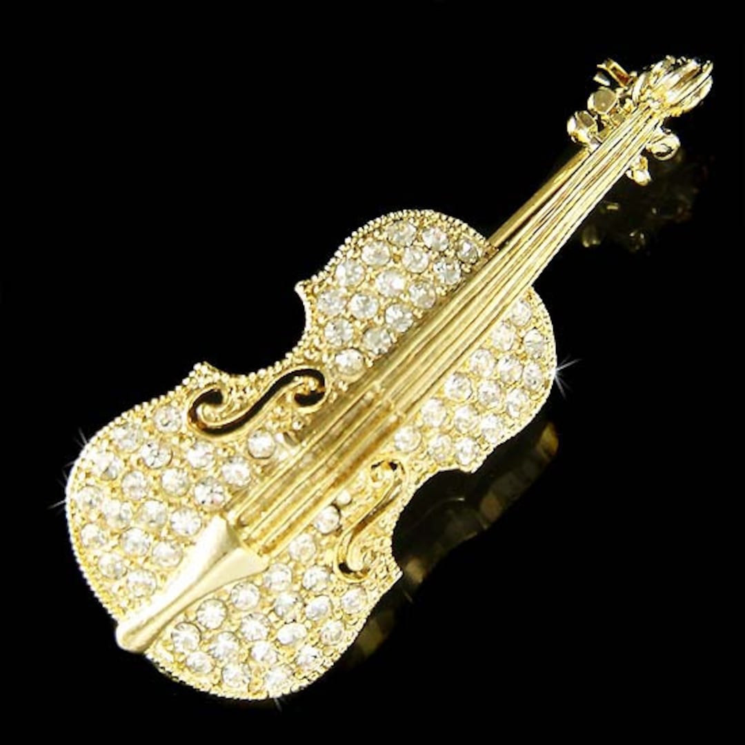 Swarovski Crystal Big MUSIC Musical Fiddle VIOLIN Cello Gold T Pin ...
