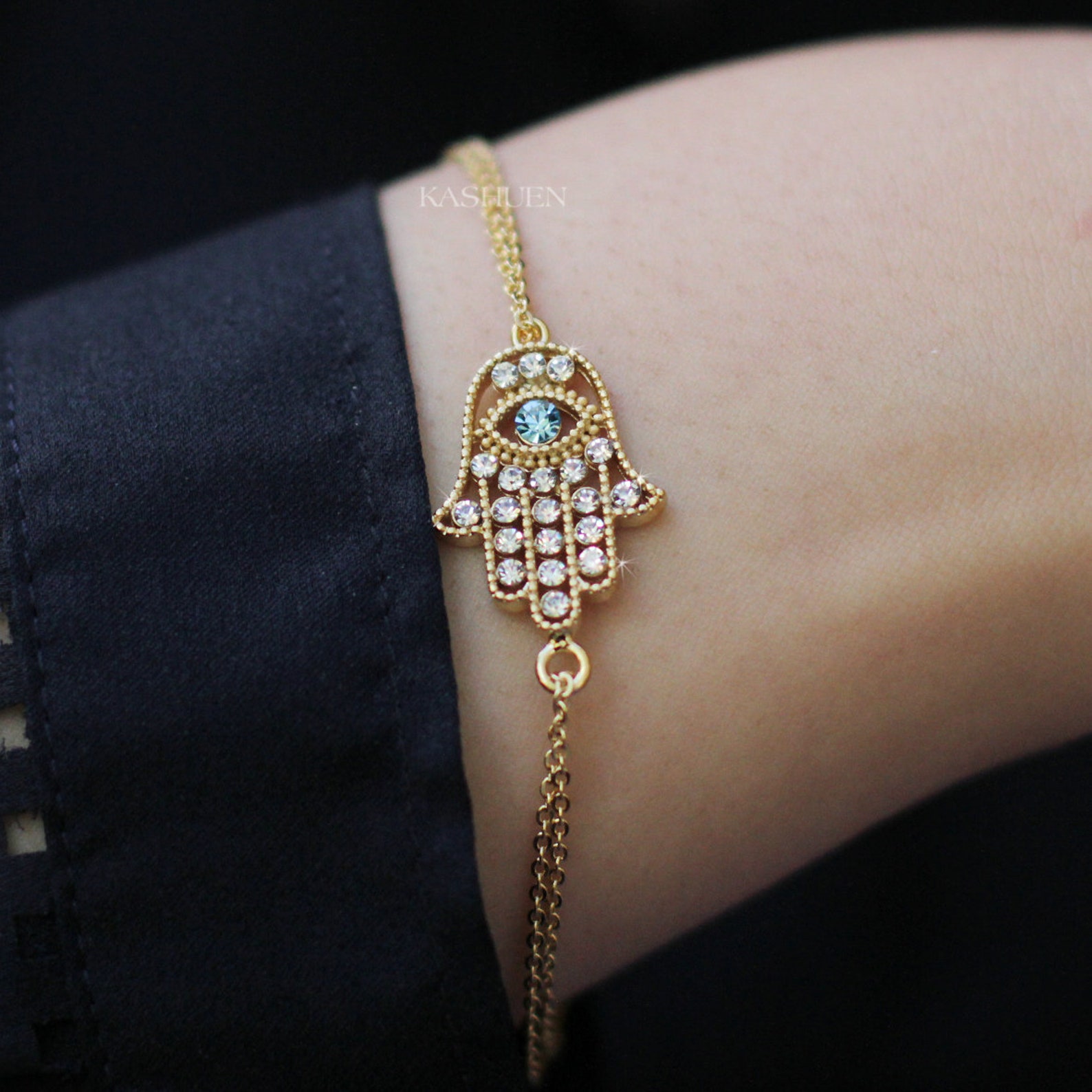 Swarovski Crystal Dainty Jewish Hamsa Hamesh Hand Aqua Evil - Etsy
