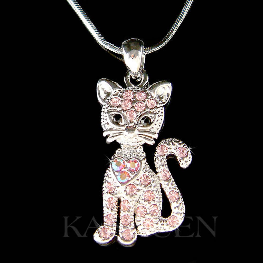 Swarovski Crystal Pink Movable KITTY CAT KITTEN Heart Necklace Pet ...