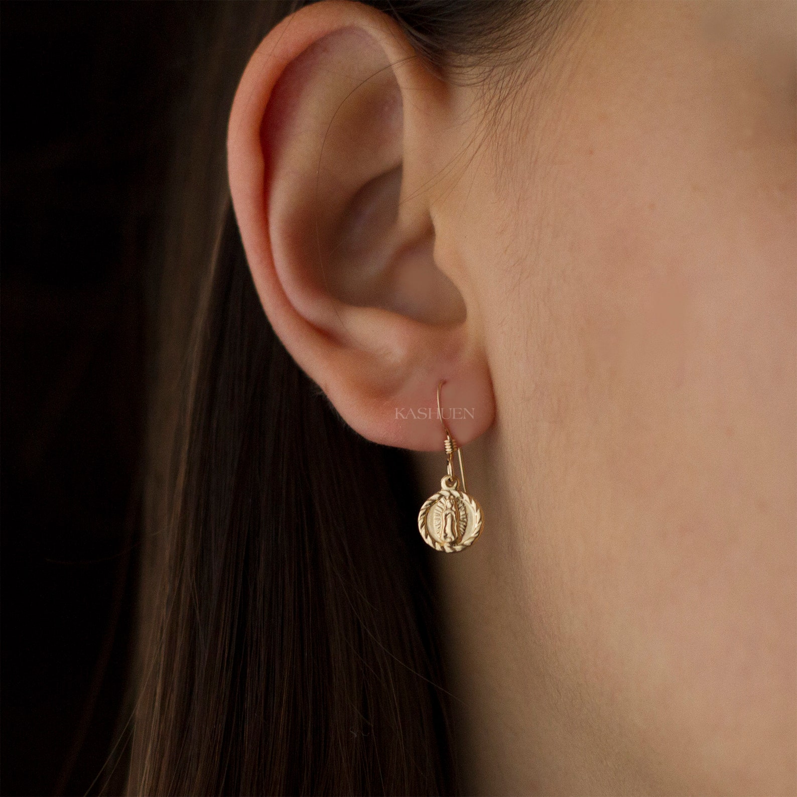 14K Gold Filled Dainty Virgin Mary Miraculous Medal Earrings - Etsy