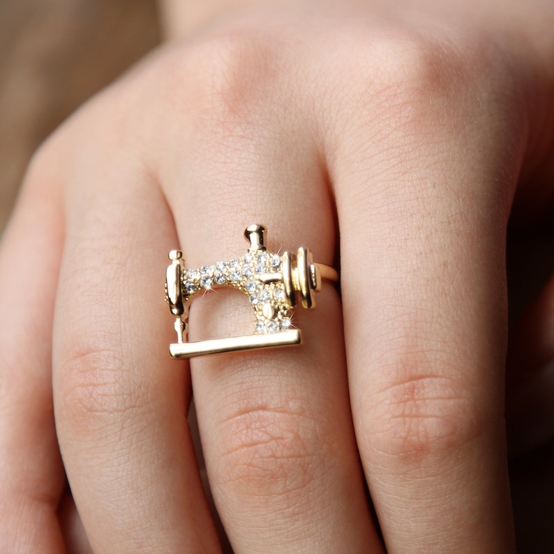 Swarovski Crystal Gold Sewing Machine Ring, Dressmaker Seamstress Gift ...