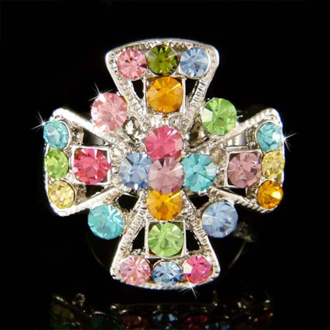 Swarovski Crystal Rainbow Square Greek Cross Lord's Prayer Ring Faith ...