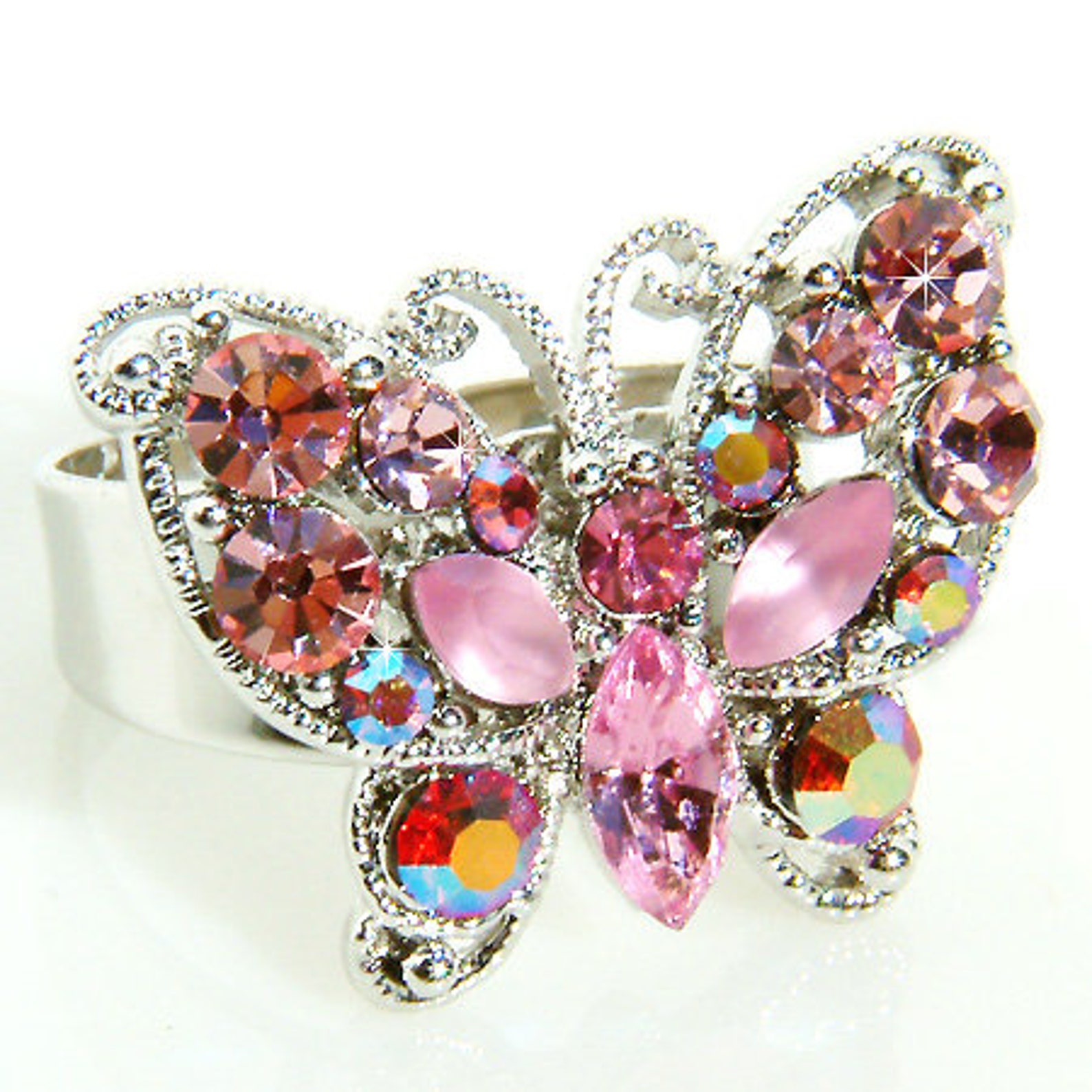 Swarovski Crystal Purple Butterfly Ring, Cocktail Adjustable Statement ...