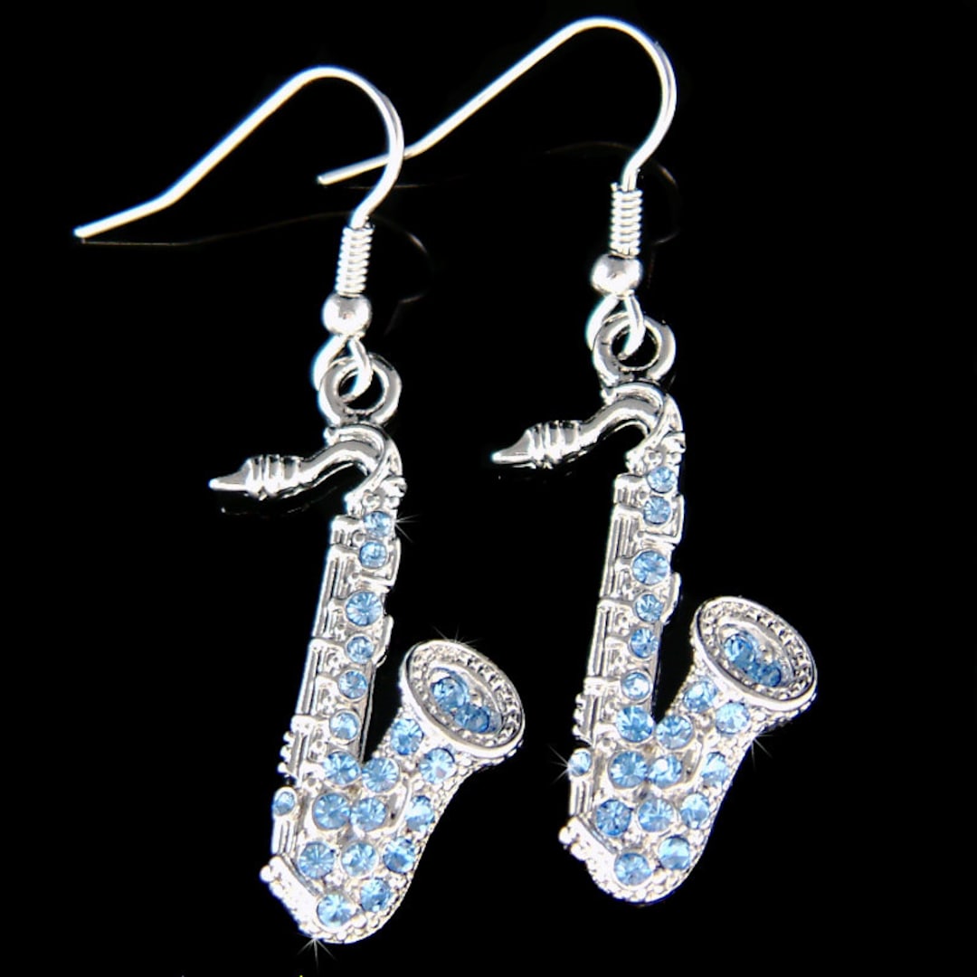 Swarovski Crystal Saxophone Sterling Silver Earrings, Music Tenor Alto ...