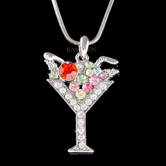 Swarovski Crystal Rainbow Martini Cocktail Glass Olive Party Drink Pendant Necklace After Work Happy Hour Jewelry 30th 40th 50 Birthday Gift Etsy Canada