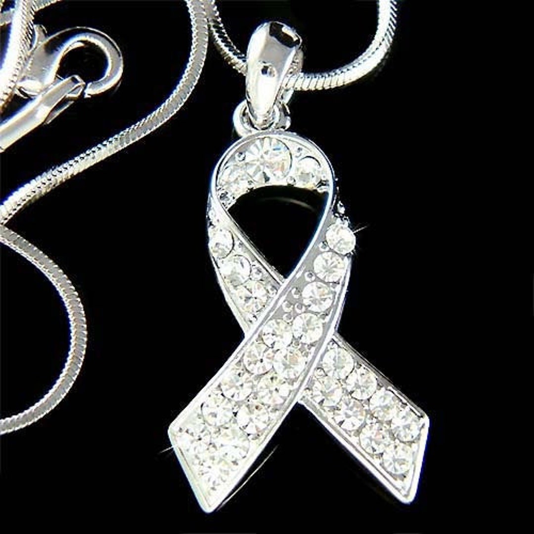 Swarovski Crystal Fight Lung Cancer Necklace, Clear Awareness Ribbon ...