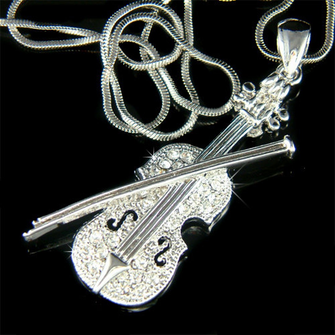 Swarovski Crystal MUSIC Musical Fiddle VIOLIN Bow Pendant Charm Silver ...