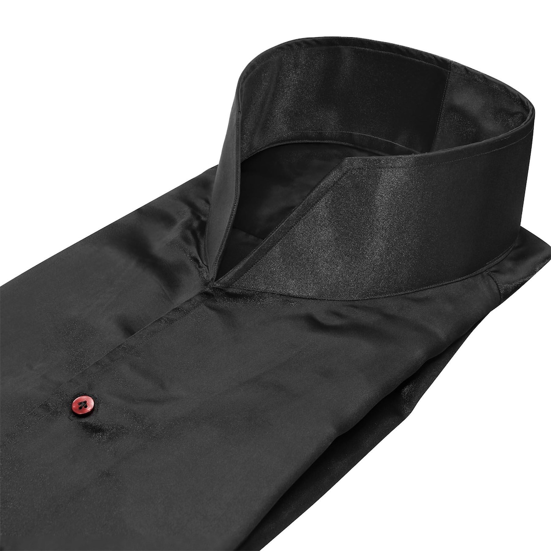 Men's High Open Mandarin Collar Shirt Black Shiny Silky Satin Colorful ...