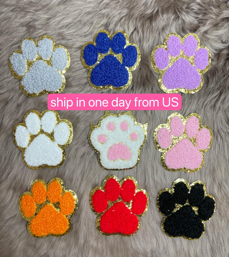 Dog Paw Chenille Iron on Patch | Cat Paw Chenille Glitter Patch | Pet ...