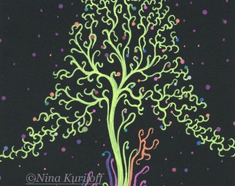 Original Art Drawing Black Paper Tree Abstract Surreal Blue Green ...