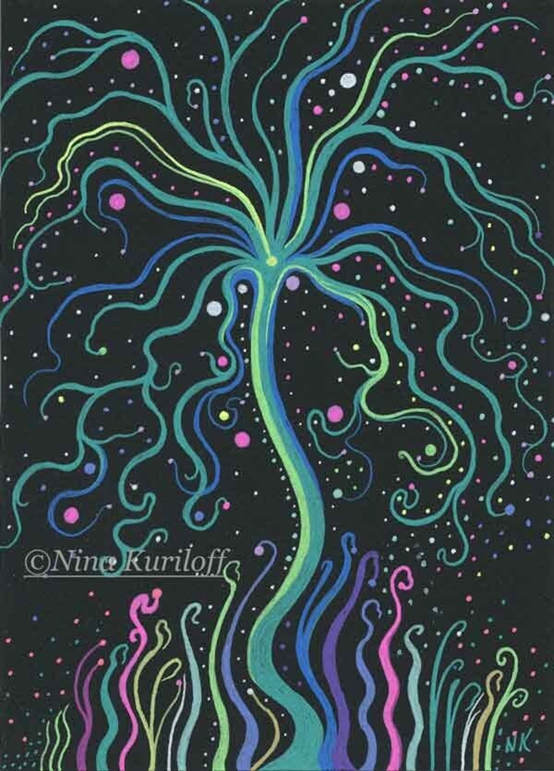 Original Art Drawing Black Paper Tree Plants Abstract Surreal Vibrant ...