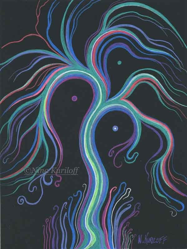 Original Art Drawing Black Paper Tree Abstract Surreal Blue Green ...