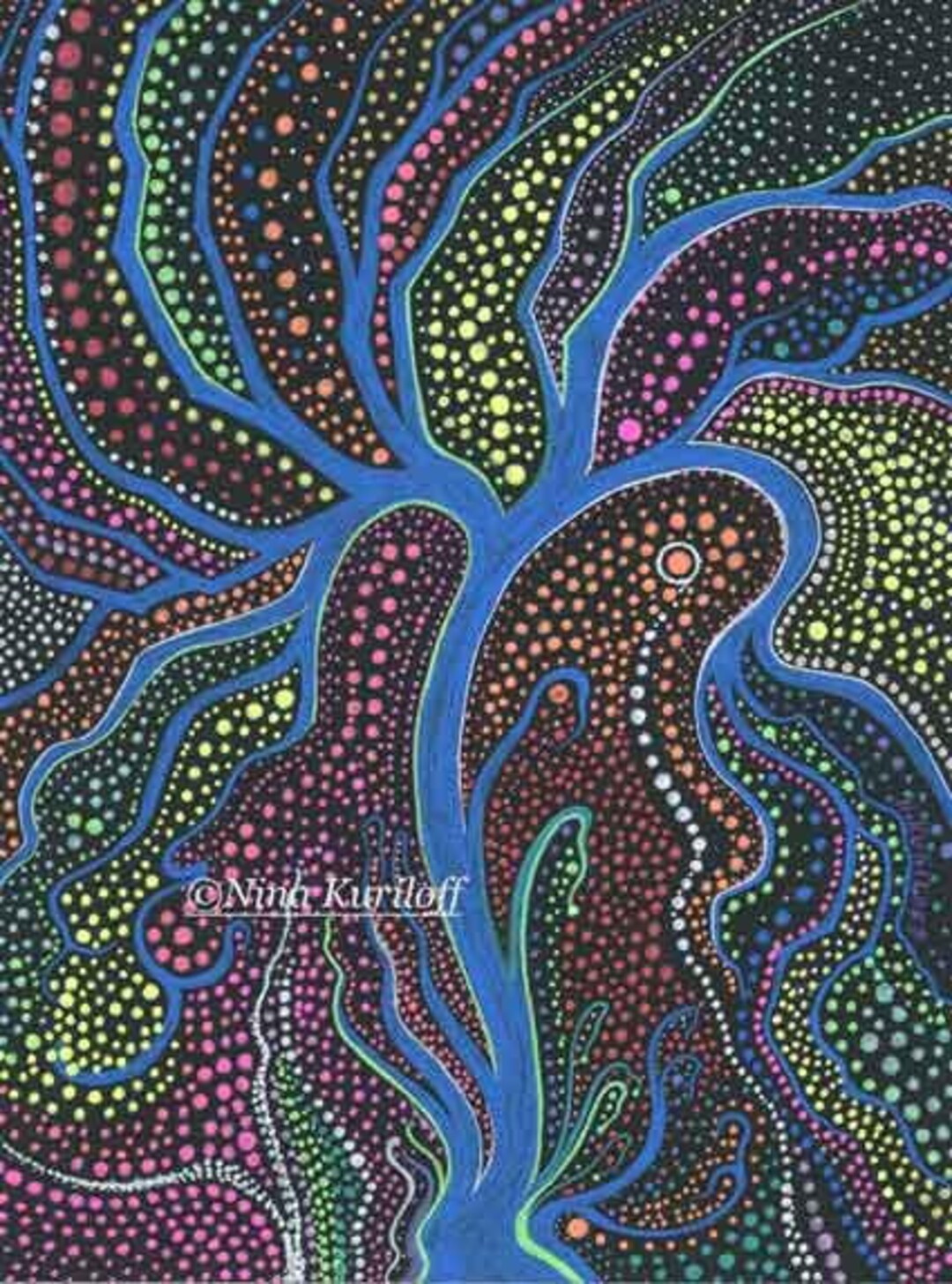 Original Art Drawing Black Paper Blue Tree Plants Abstract Vibrant ...
