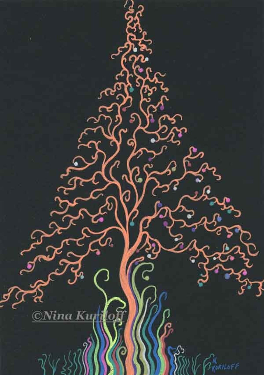 Original Art Drawing Black Paper Tree Abstract Surreal Conical Orange ...