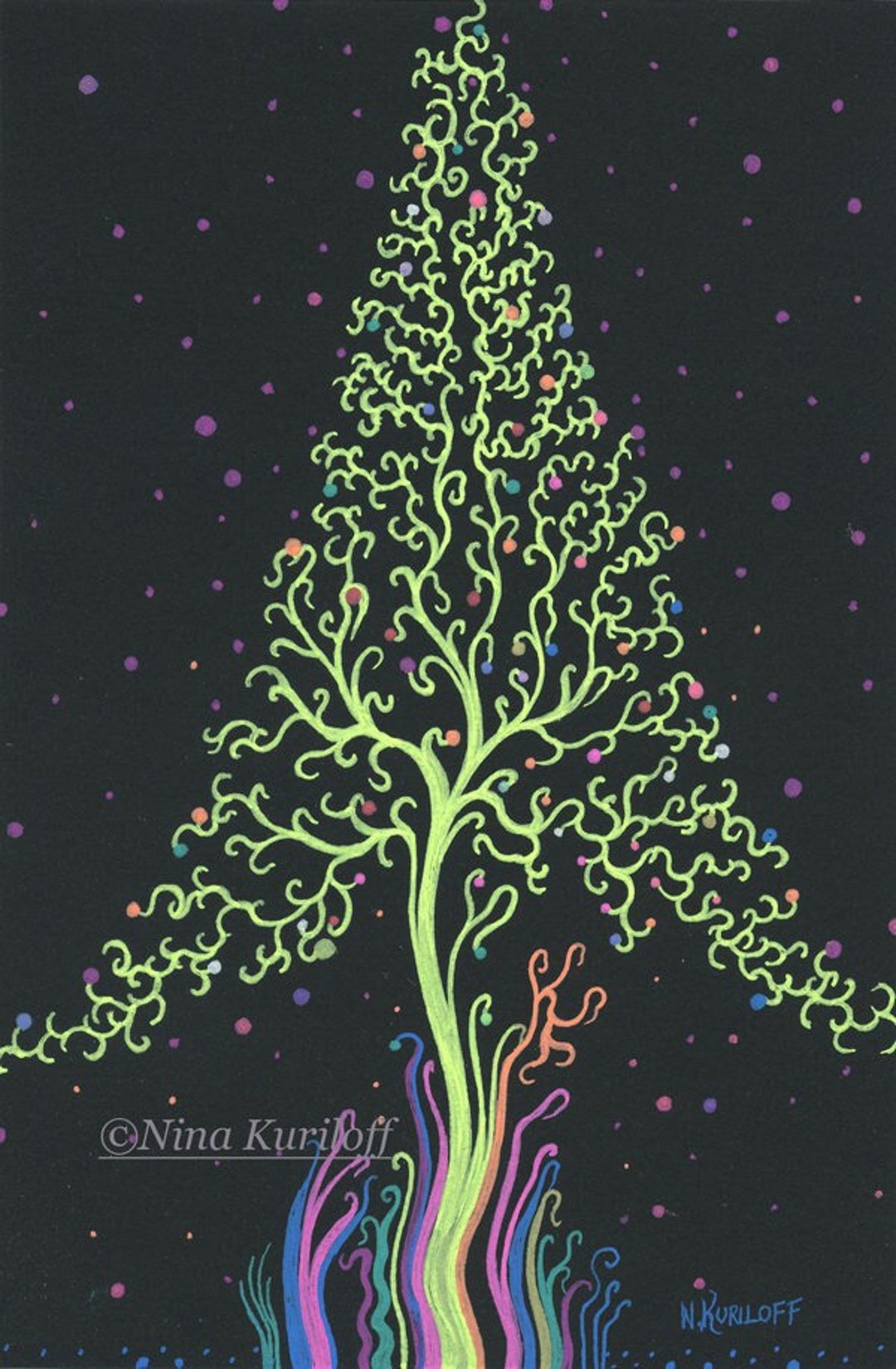 Original Art Drawing Black Paper Tree Abstract Surreal Conical Yellow ...