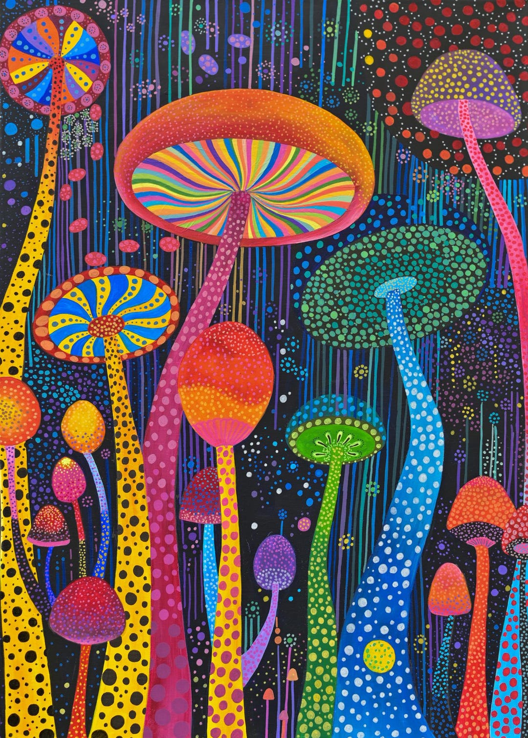 Yayoi Kusama Art Mushrooms. Unique Acrylic Mushroom Canvas Painting in ...