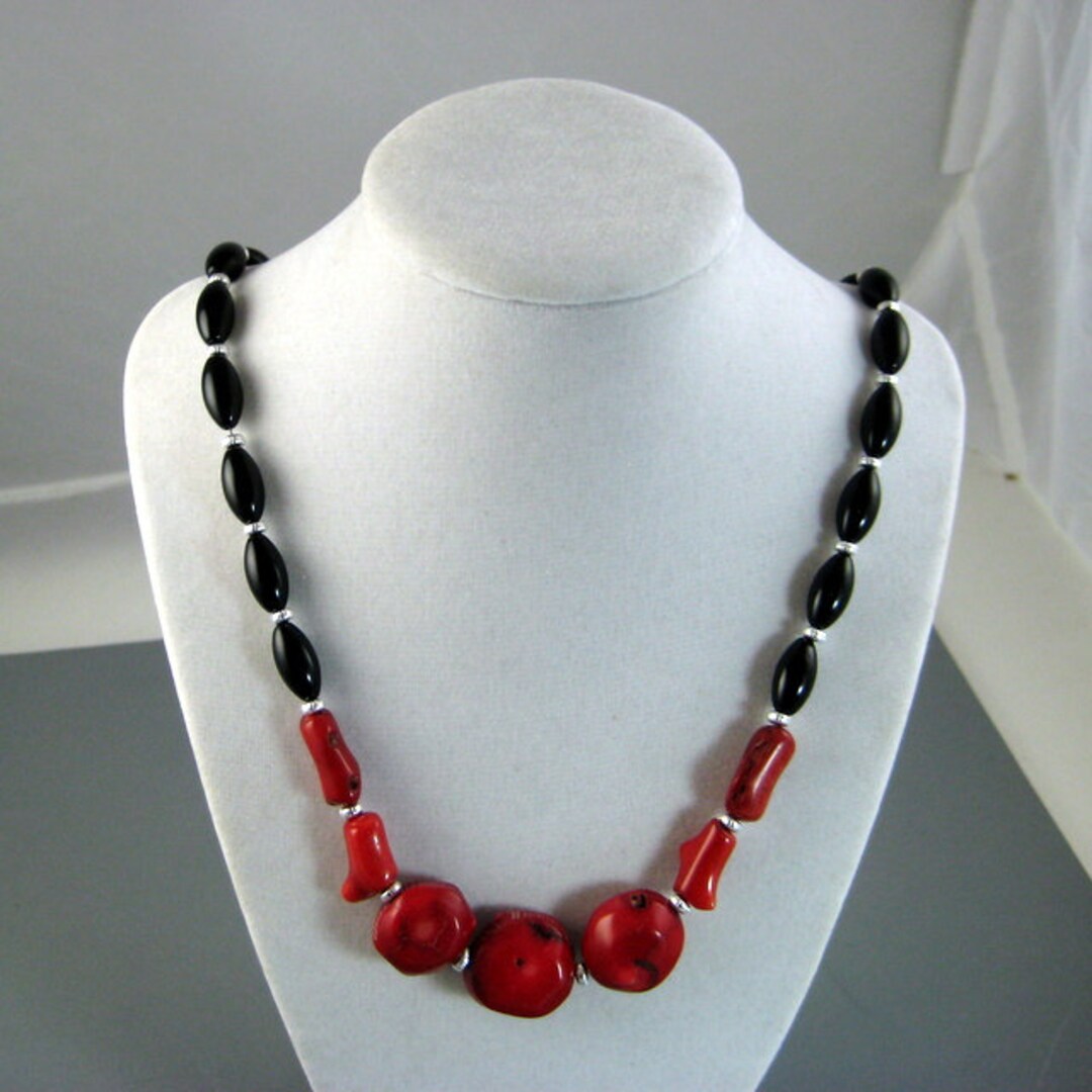 Native American Black Onyx and Red Bamboo Coral Necklace, Tribal ...