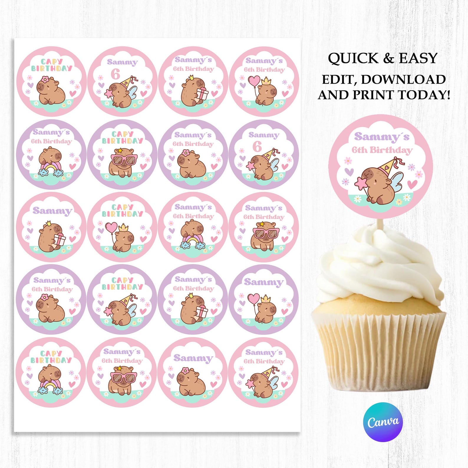 Capybara Cupcake Toppers, Cute Capybara Party Decorations, Capybara ...