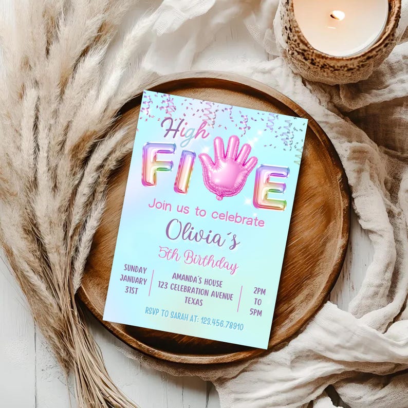High Five Birthday Invitation: 5th Party Invite For Girls (Editable ...