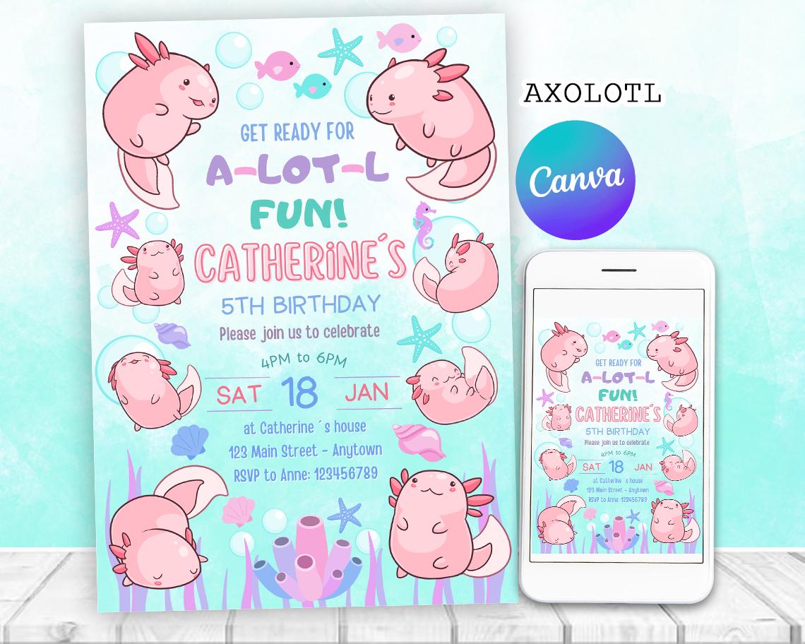 Axolotl Invitation, Cute Pink Axolotl Party Invite, Axolotl Birthday ...