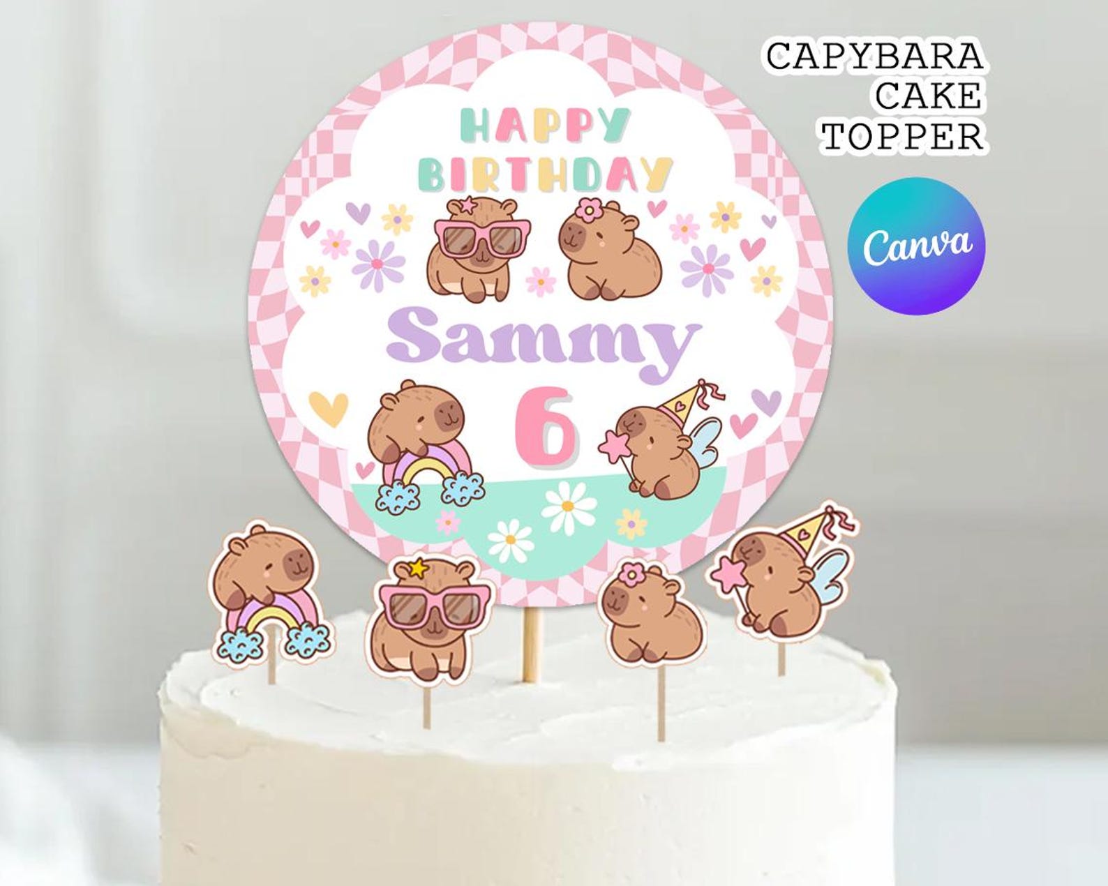 Capybara Cake Topper, Cute Floral Pink Girls Capybara Cake Decorations ...