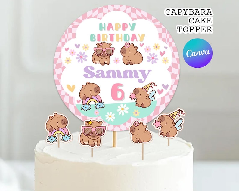 Capybara Cake Topper, Cute Floral Pink Girls Capybara Cake Decorations ...