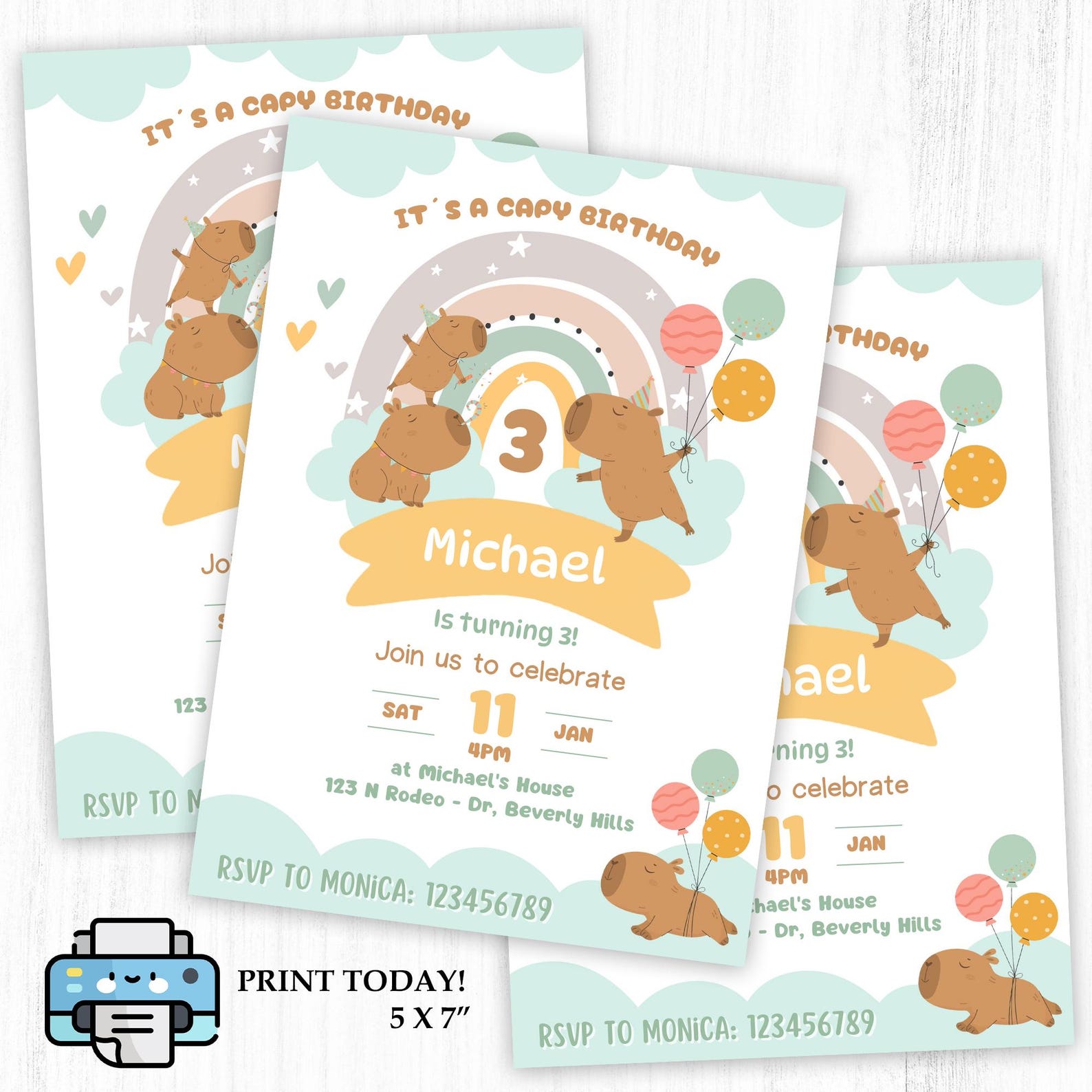 Capybara Birthday Invitation, Cute Boy Capybara Party Invite, Capybara ...