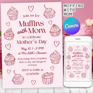 Muffins With Mom Invitation, Pink Red Hand Drawn Mothers Day Party ...