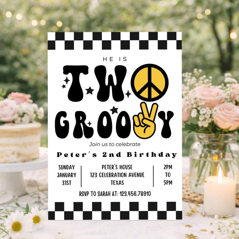 Two Groovy 2nd Birthday Invitation: Retro Checkered Boy Party Invite ...