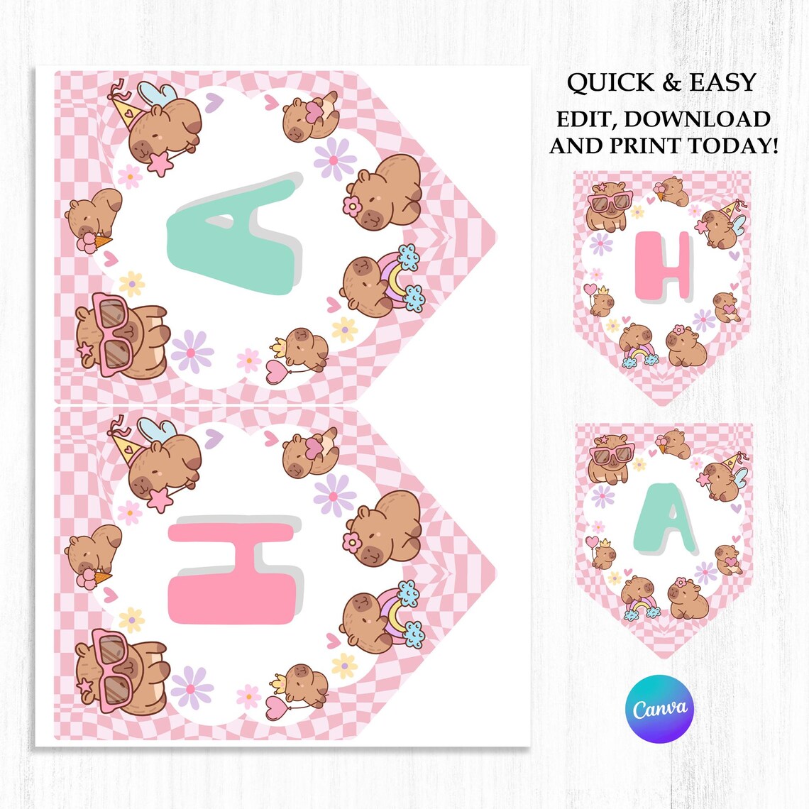 Capybara Party Flags, Cute Floral Pink Capybara Birthday Flag Banner ...