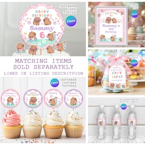 Capybara Water Bottle Labels, Cute Floral Pink Capybara Bottle Wrapper ...