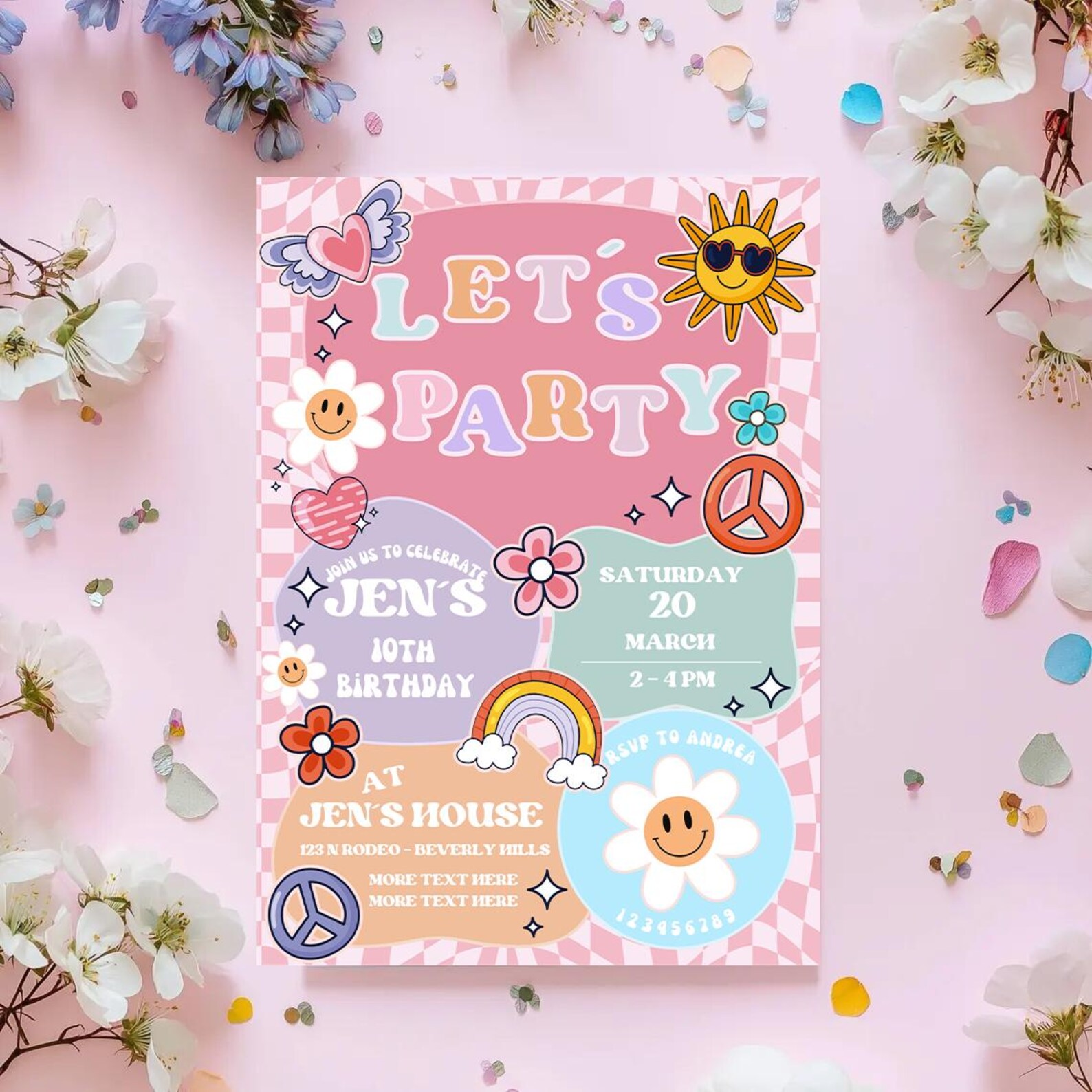 Preppy Smiley Face Birthday Invitation, Groovy Retro Girl Happy Face ...