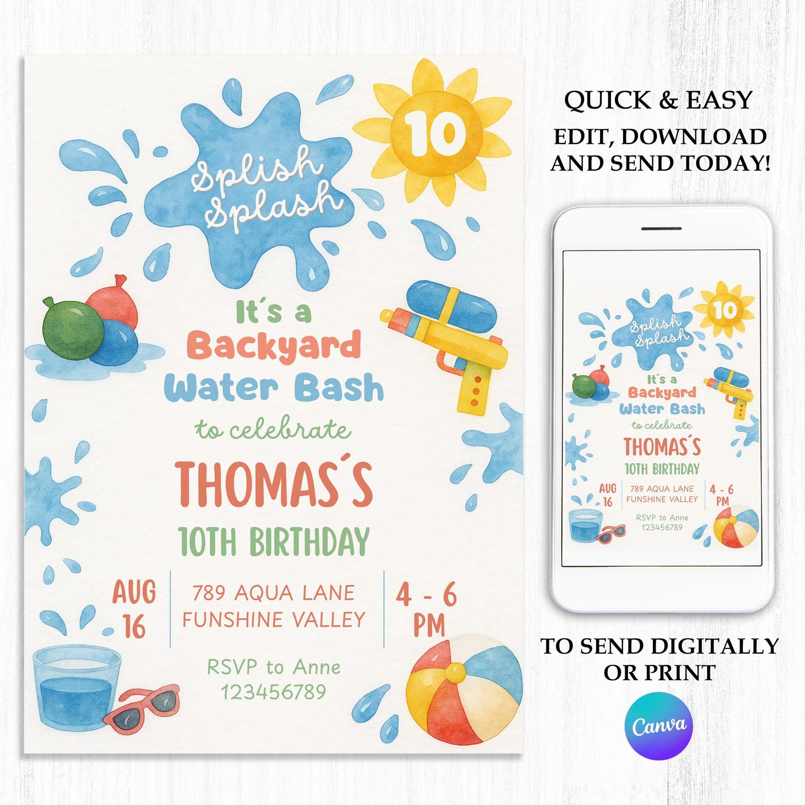 Water Gun Birthday Invitation, Boy Summer Water Splash Party Invite ...