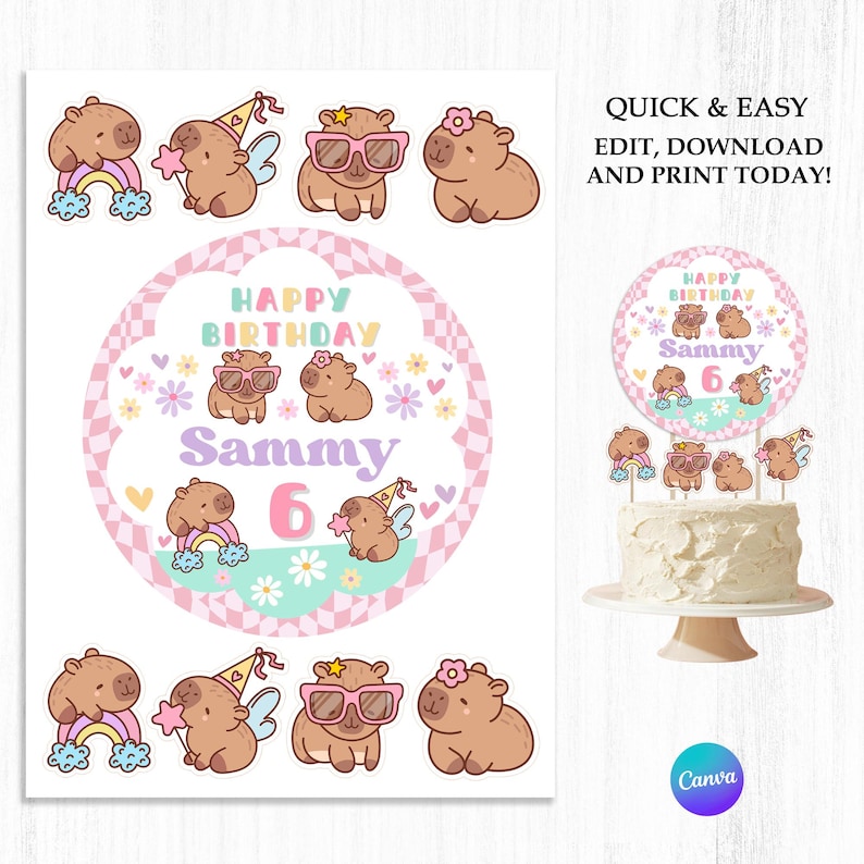 Capybara Cake Topper, Cute Floral Pink Girls Capybara Cake Decorations ...
