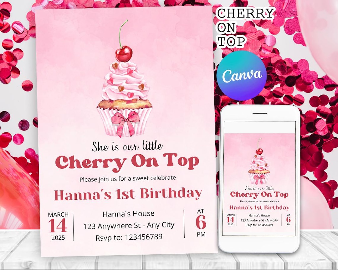 Cherry Birthday Invitation, Pink Watercolor Cherry on Top Party Invite ...