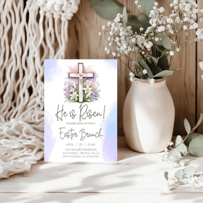 Easter Brunch Invitation, Watercolor Floral Cross Easter Invite ...