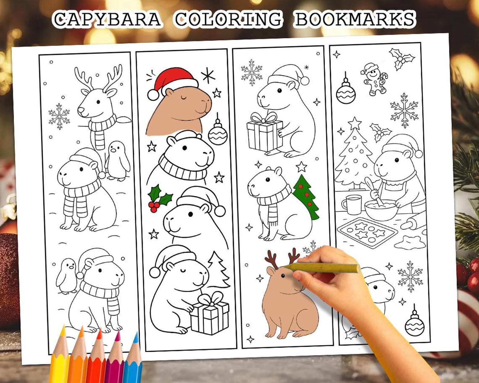 Printable Christmas Capybara Coloring Bookmarks, Christmas Color Your ...